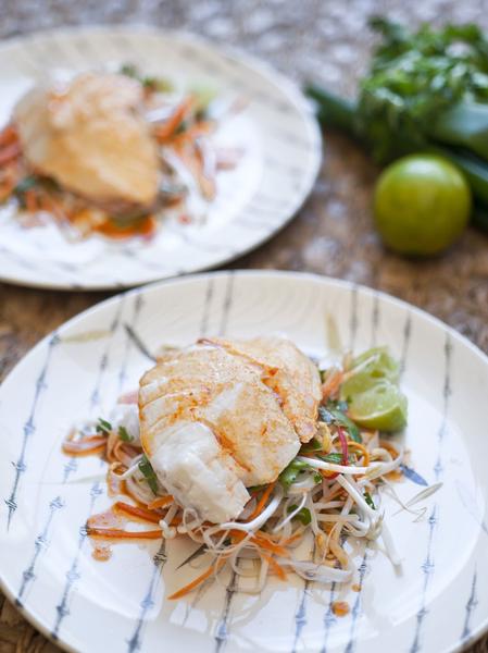 Poached Warehou with Rice Noodles and Red Curry Dressing - Egmont Seafoods